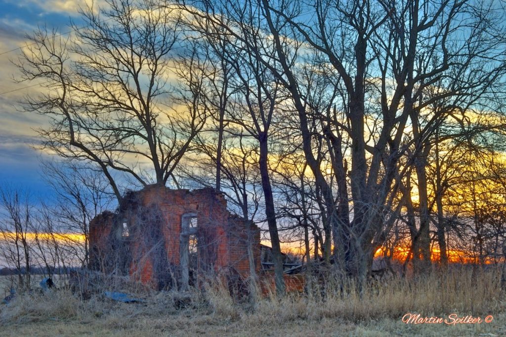 Brick Schoolhouse Ruins Sunset - Martin Spilker Photography